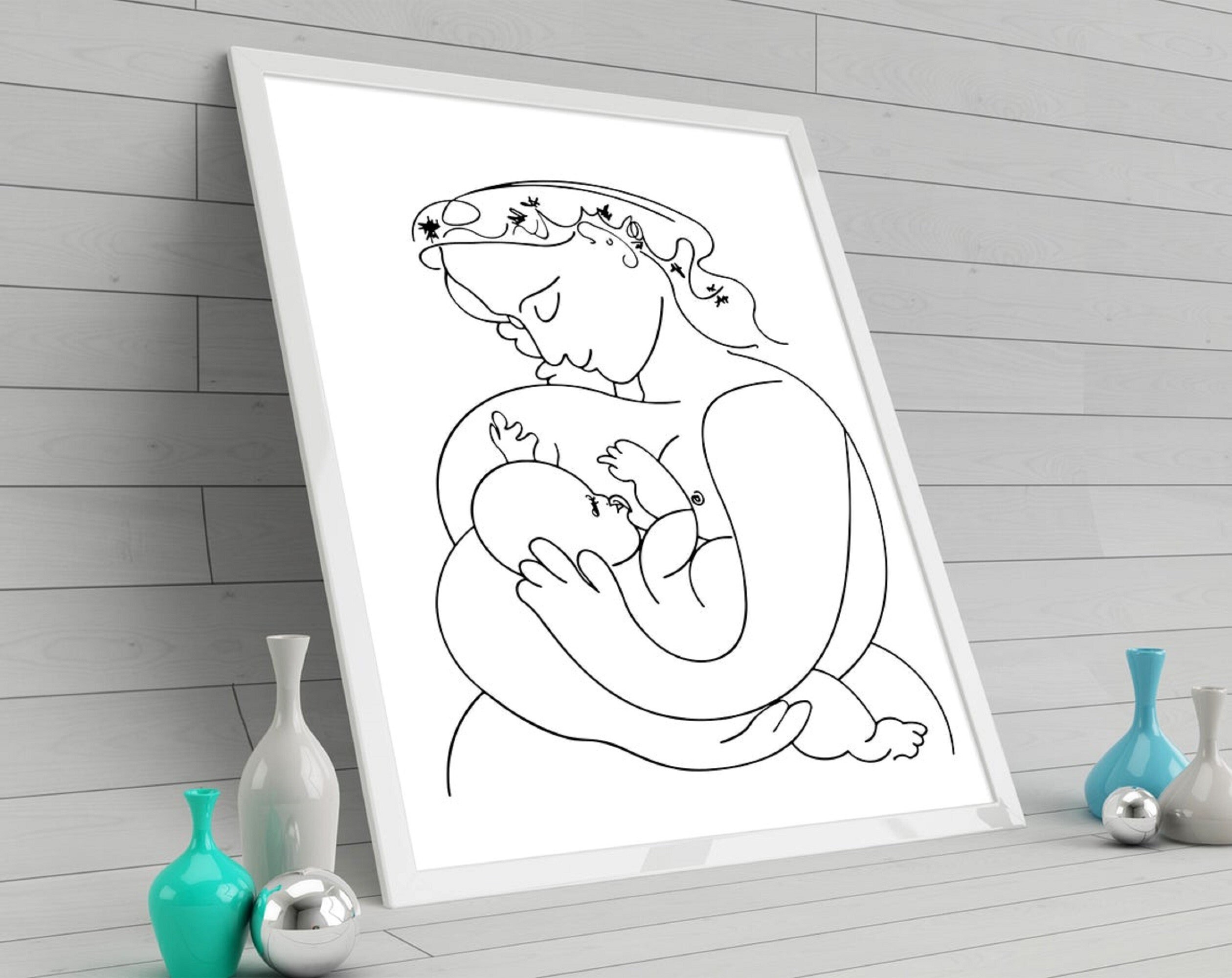 Mother With Child Line Art Drawing Print Mother Poster Child | Etsy