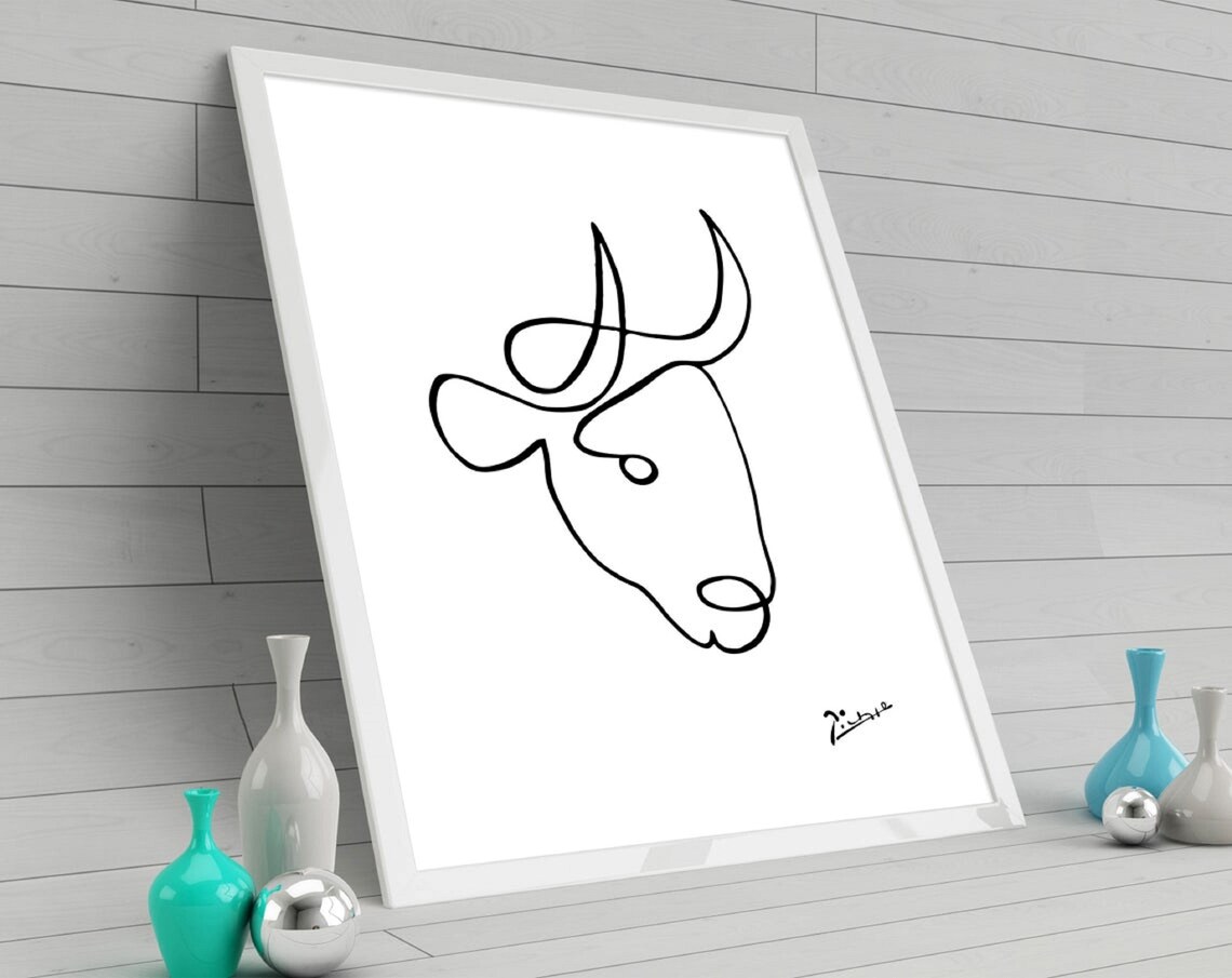 Bull Head Print Line Art Drawing Sketch Poster Minimalist | Etsy