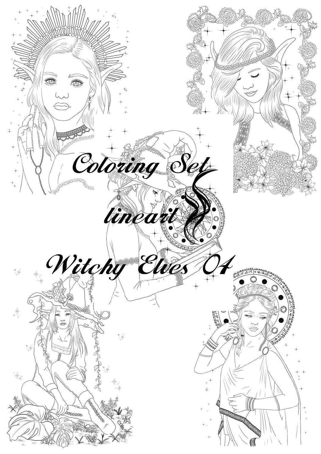 Printable Coloring Pages 5 Pack Witchy Elves Set 4 Lineart - Etsy