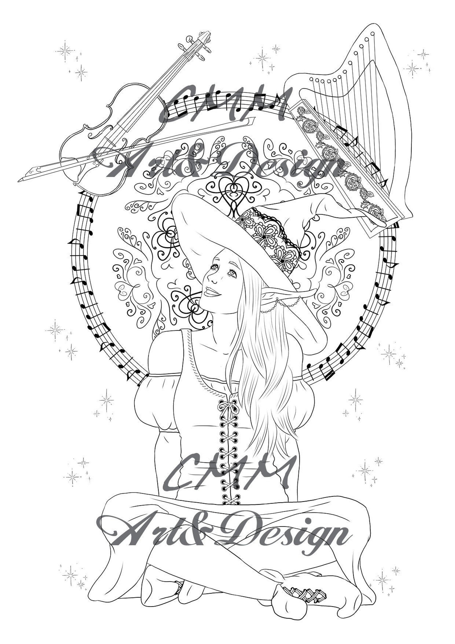 Printable Coloring Page Musical Witch Lineart - Etsy