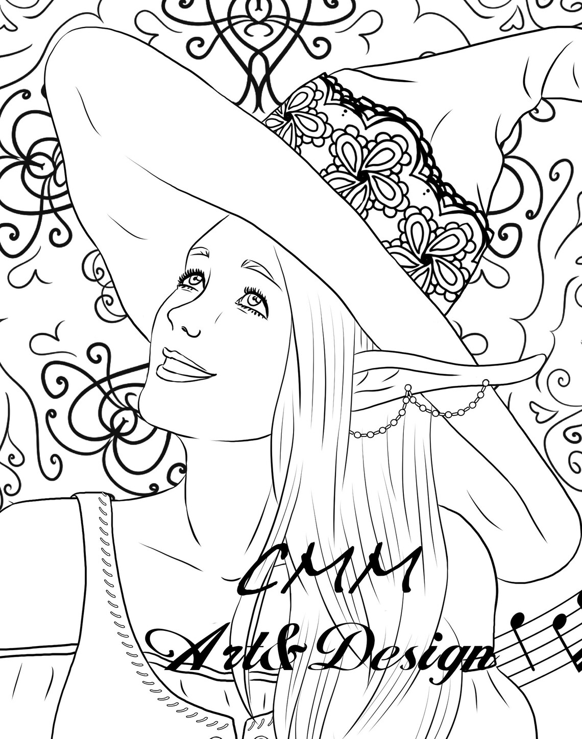 Printable Coloring Page Musical Witch Lineart - Etsy