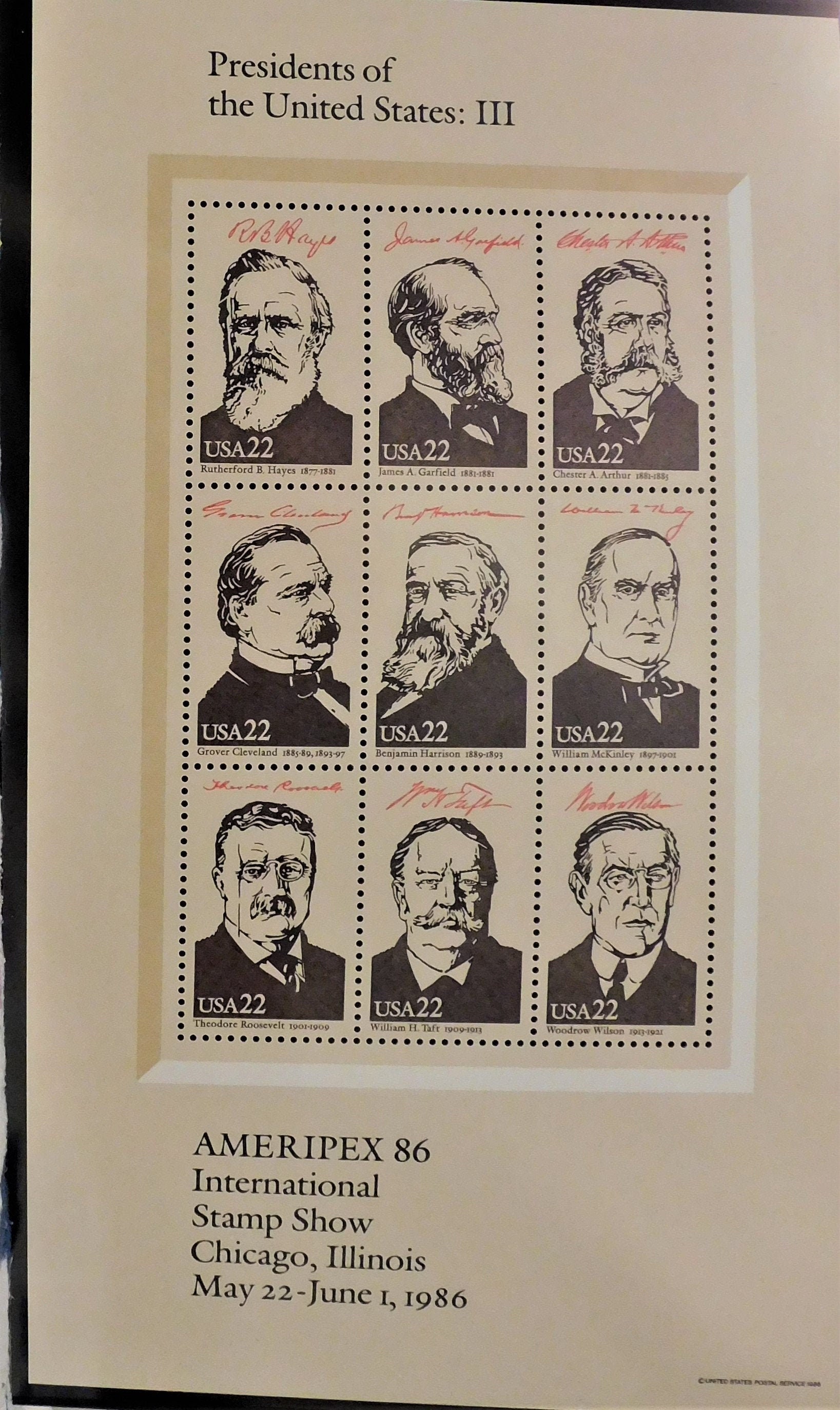 Stamp Sheet, Presidents of the United States III, AMERIPLEX ' 86 9 X 22 ...