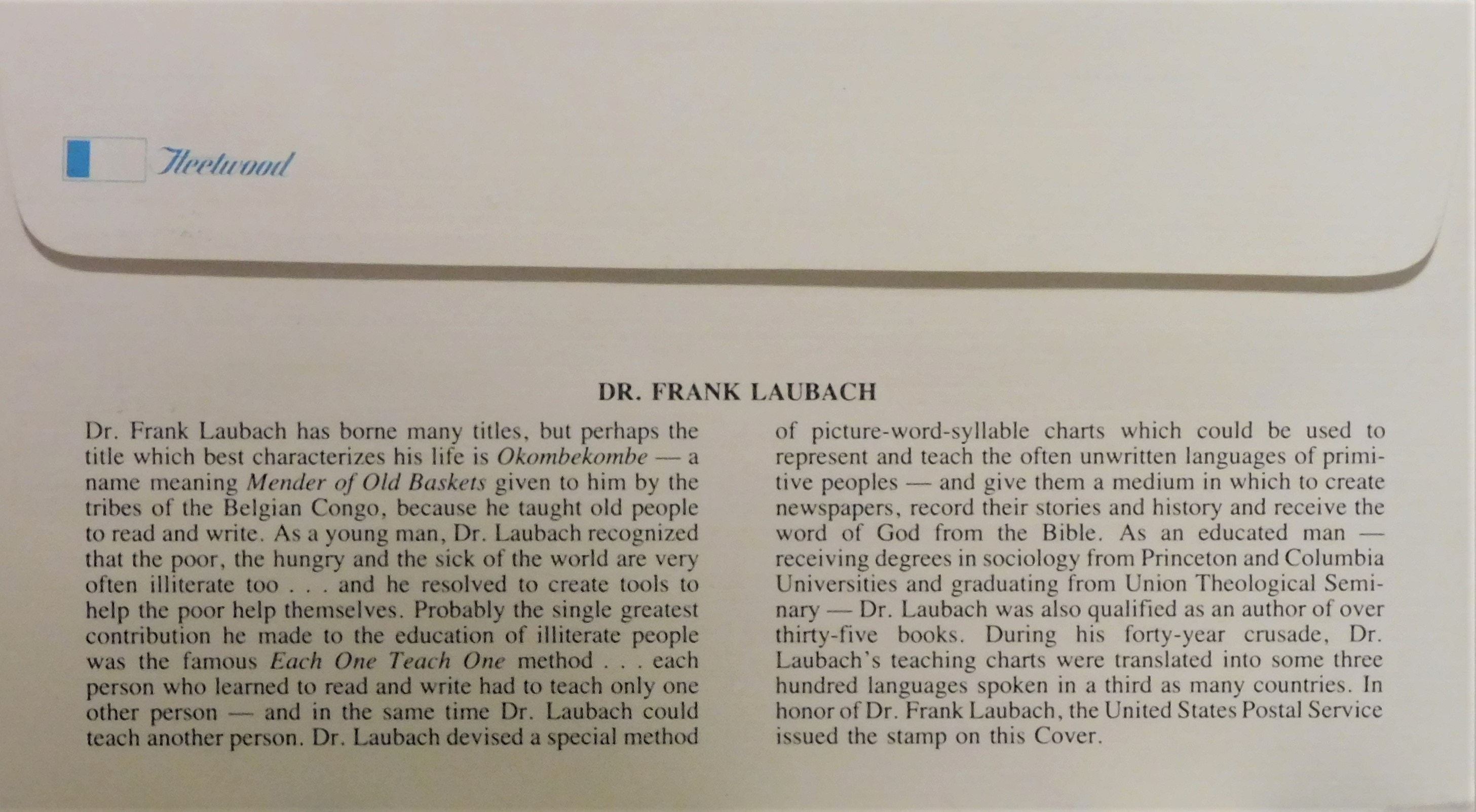 Dr. Frank Laubach Champion of Literacy First Day Cover, Scott 1864 1984 ...