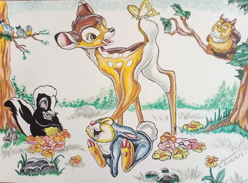 Bambi Cartoon Illustration Made With Pencils and Paint - Etsy