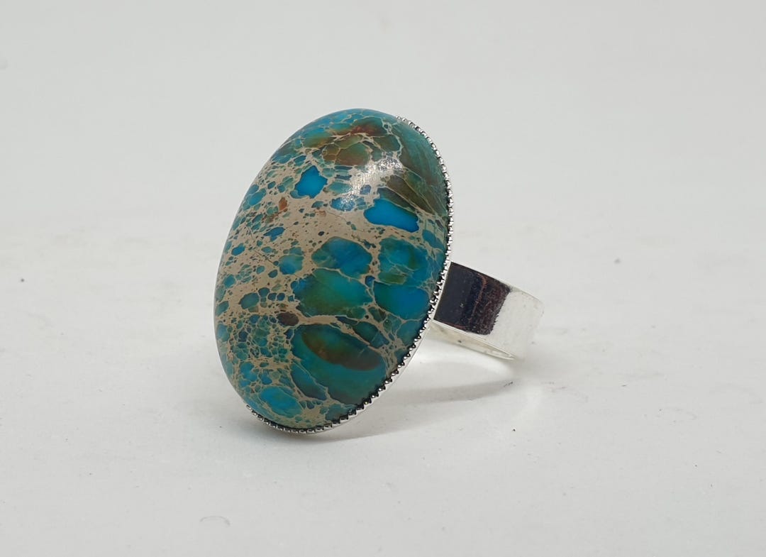 Large Oval Semi-precious Indonesian Blue Ocean Jasper Ring, Adjustable ...