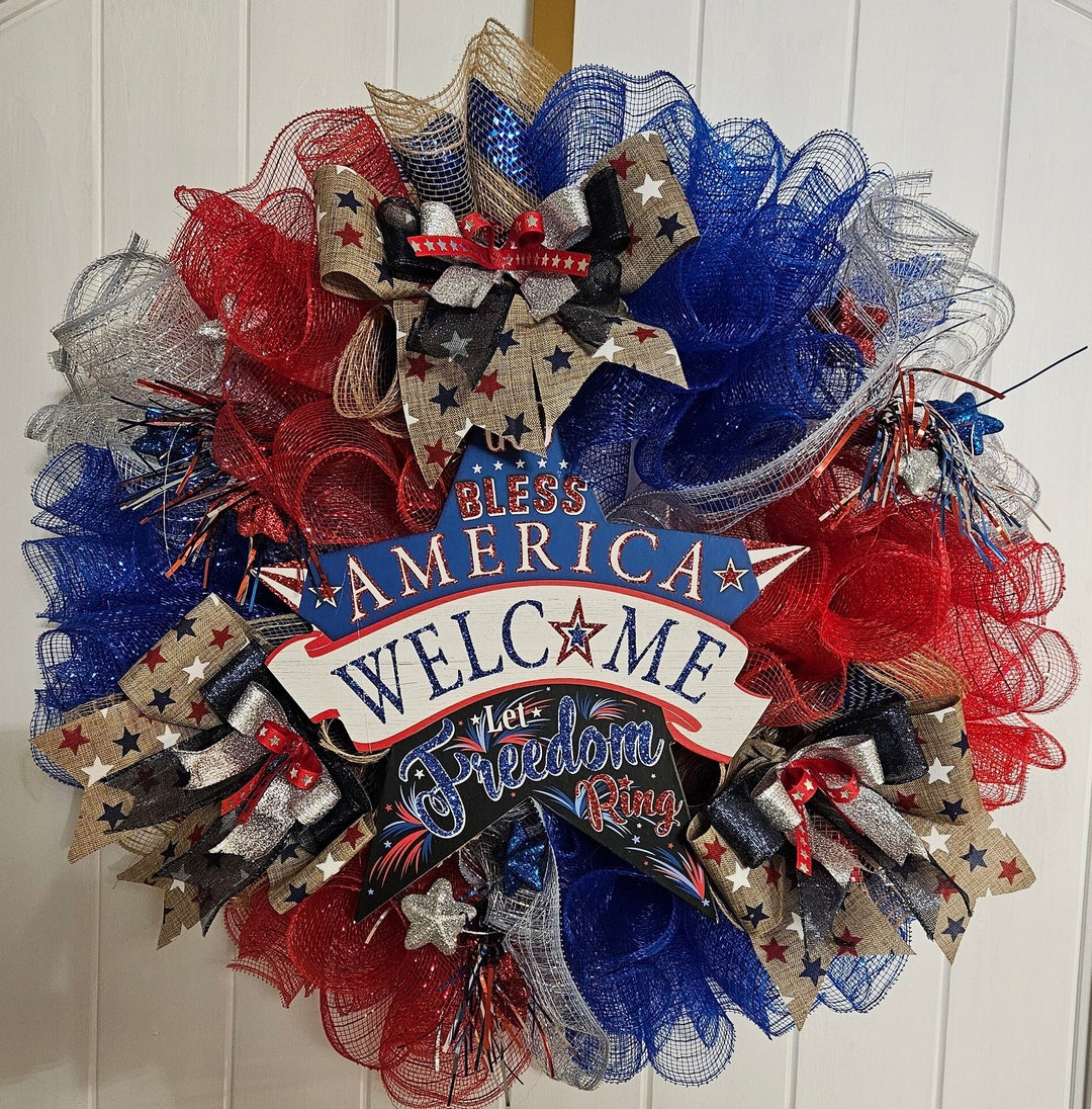 FREEDOM Patriotic Wreath – 22" Full and Fluffy Curly Style, Red White ...