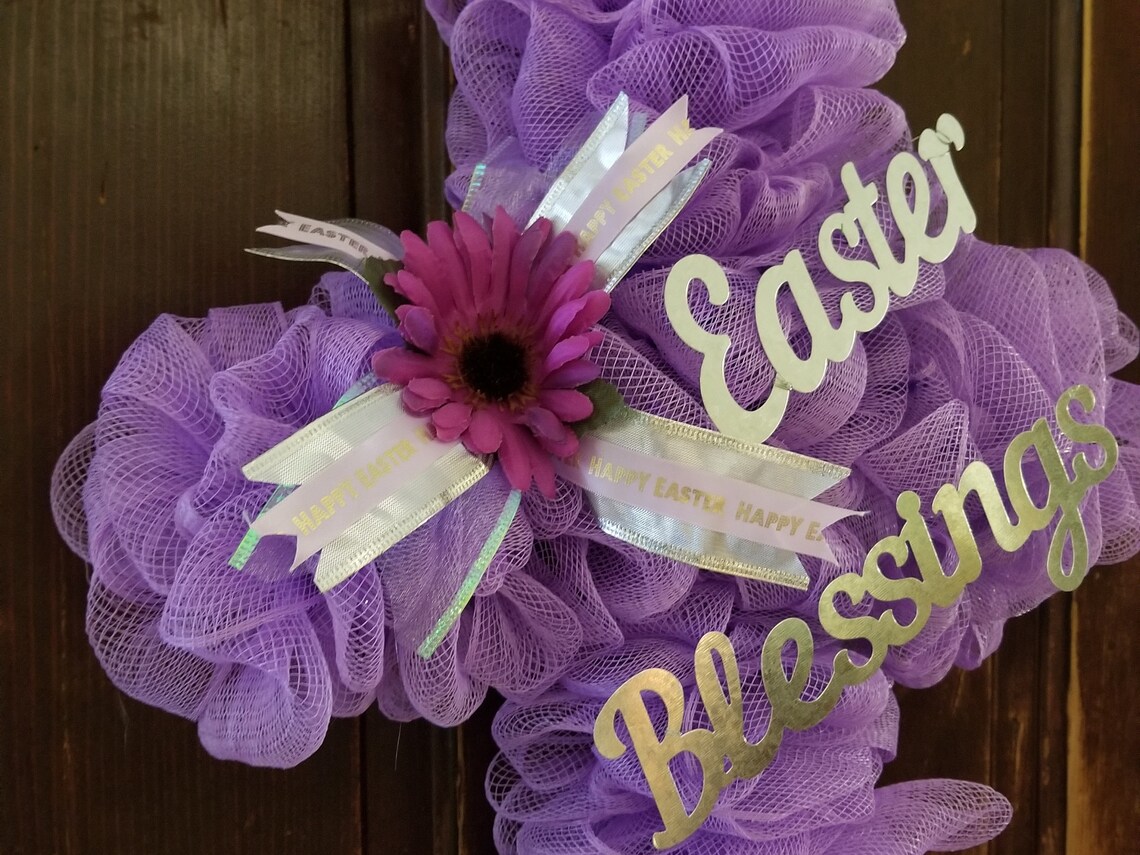 EASTER - Ribbon Style Deco Mesh Cross Wreath - Etsy