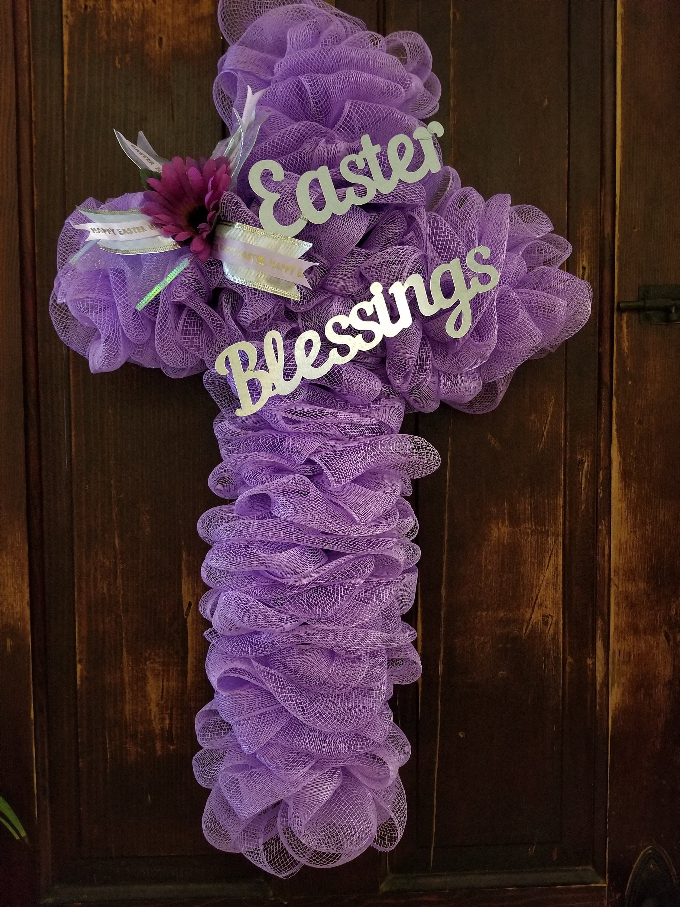 EASTER - Ribbon Style Deco Mesh Cross Wreath - Etsy