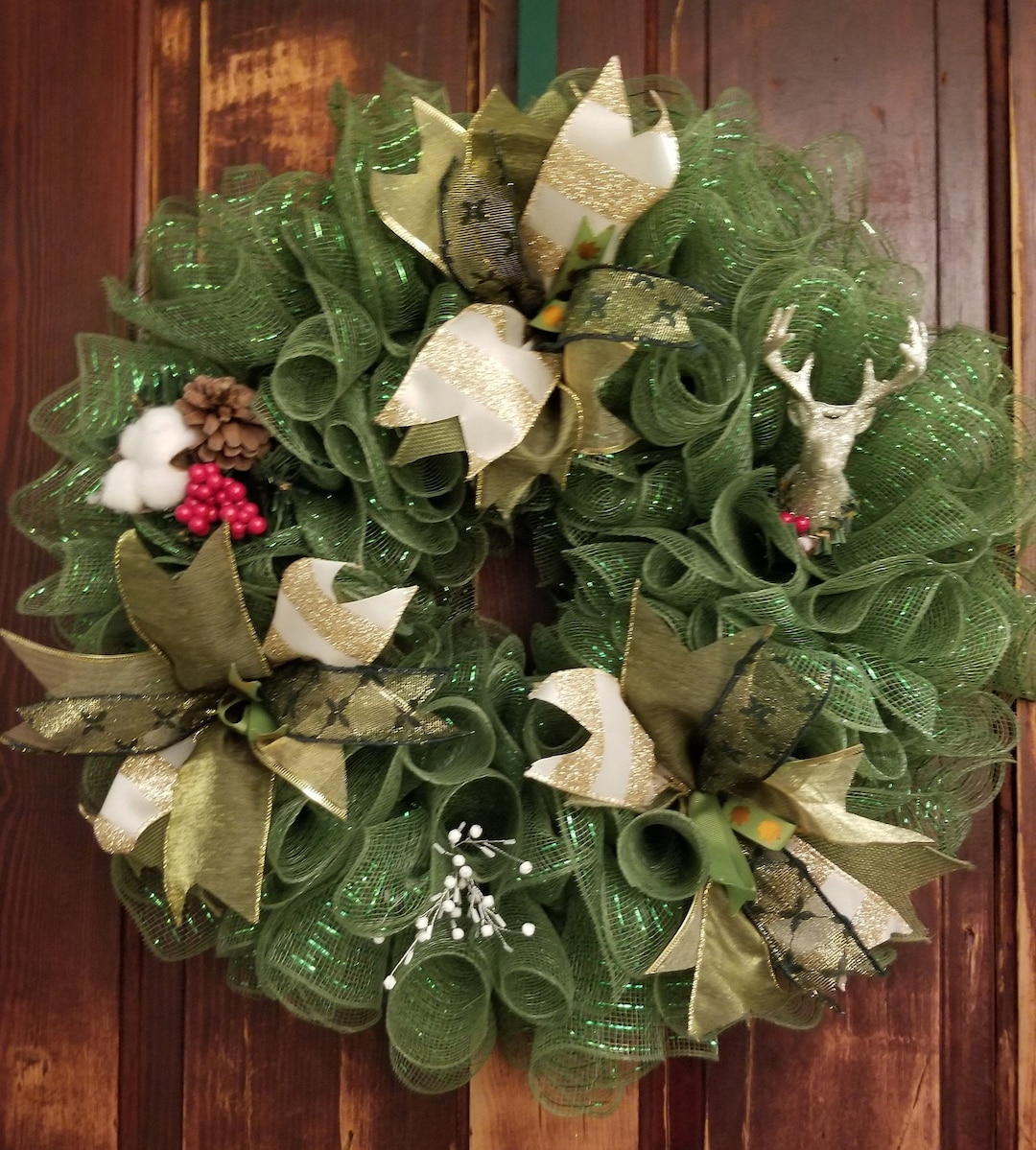 NATURAL BEAUTY ~ 21" Deco Mesh Rustic Wreath; Stunning Deer and Berries ...