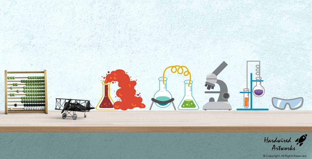 Chemistry Lab Wall Decal - Flasks, Test Tube, Titration, Microscope ...
