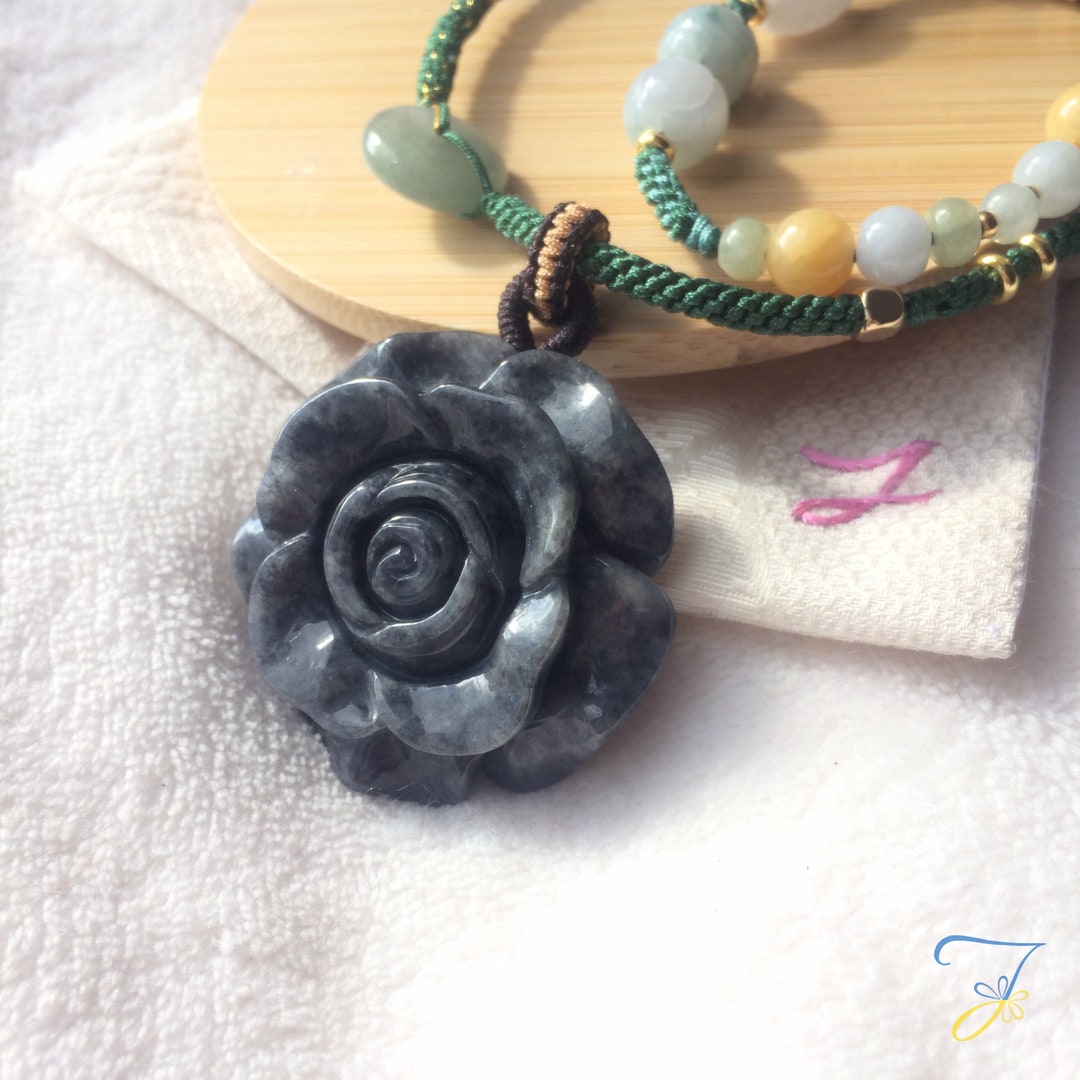 Huge Carved Burmese Black Jade Flower Pendant, Grade A Burmese Wuji ...