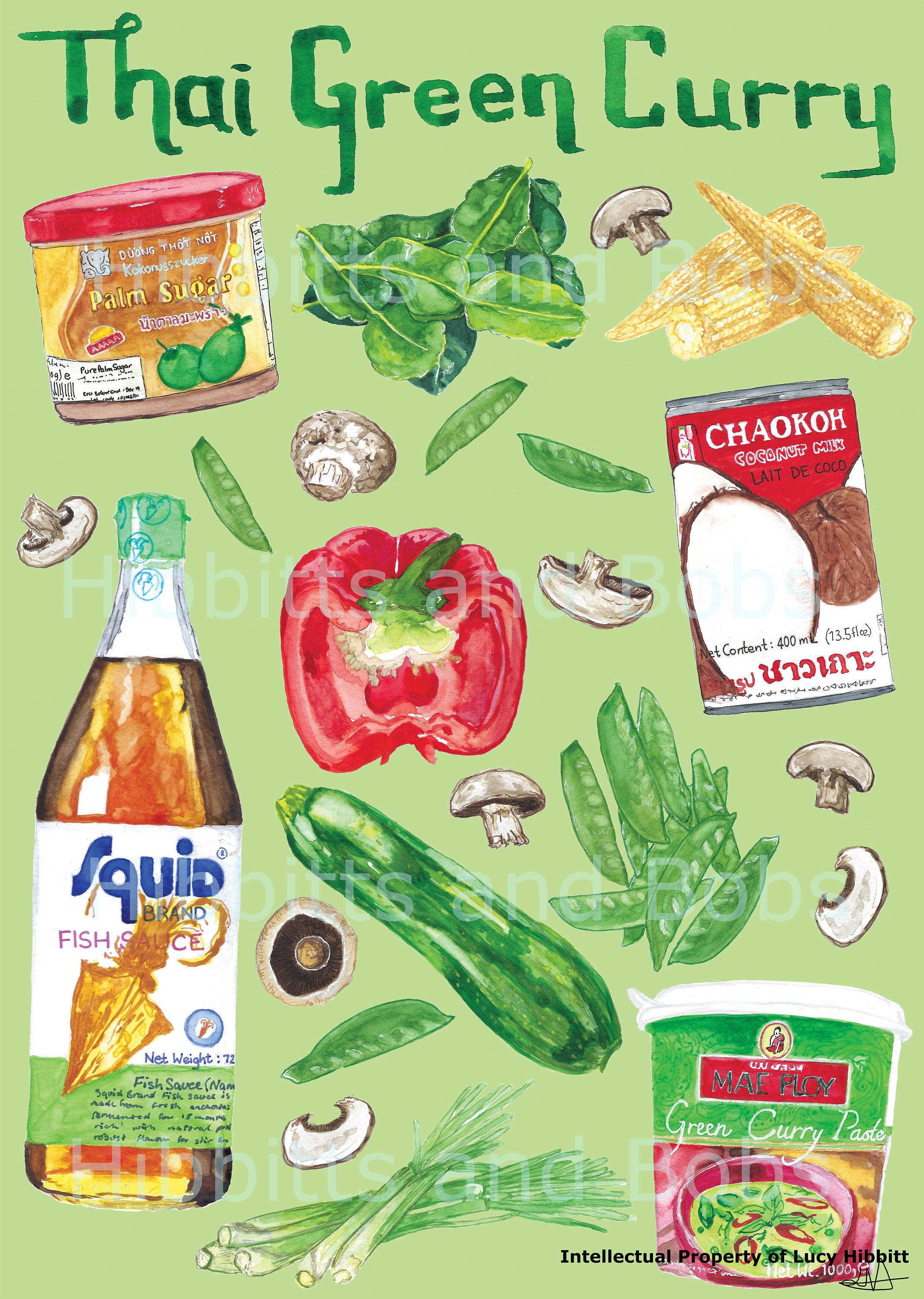 Thai Green Curry Recipe Art Print: Watercolor Kitchen Poster (A3/A4 ...