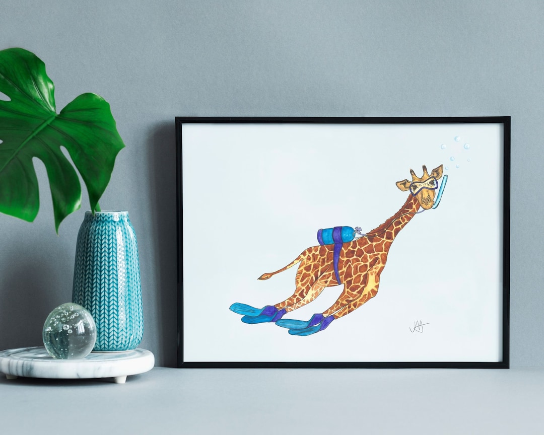 Scuba Diving Giraffe Watercolor Art Print - Etsy