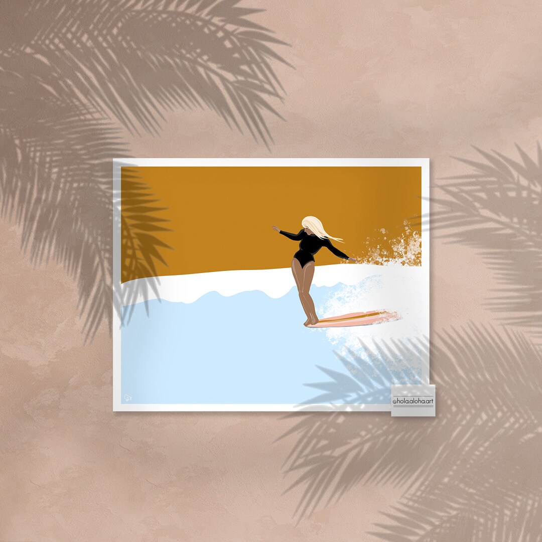 Hang Ten Surfer Girl Illustration Art Print, Minimal Wall Art Print ...