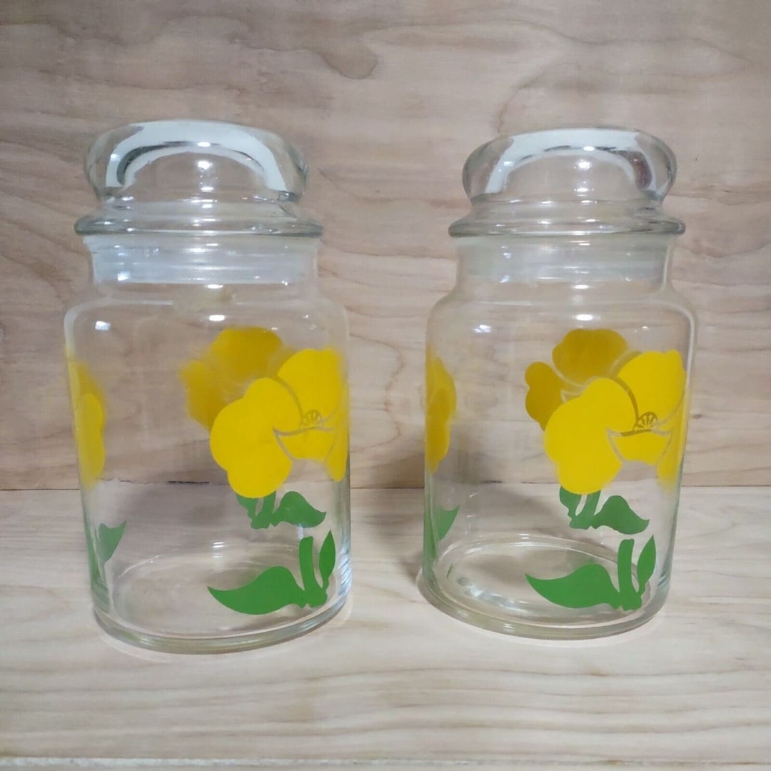 2 True Vintage 1960s Anchor Hocking Foxy Flowers Art Nouveau Yellow ...