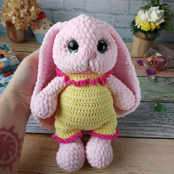 Pink PLUSH BUNNY DOLL. Dressed stuffed rabbit toy. | Etsy