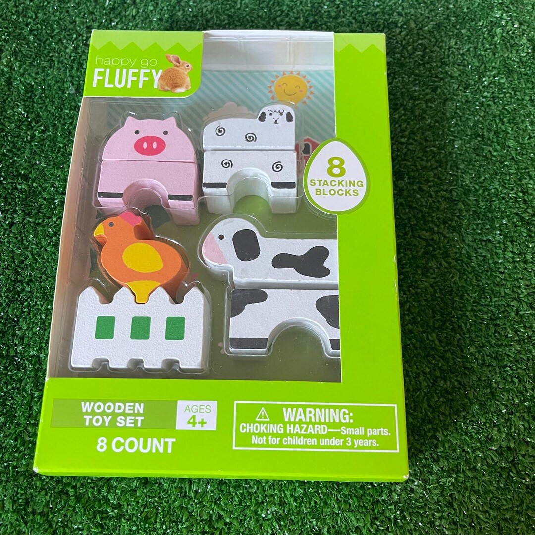 Fluffy Wooden Animals Pig Sheep Cow Chicken Blocks Playset 8 Stacking ...