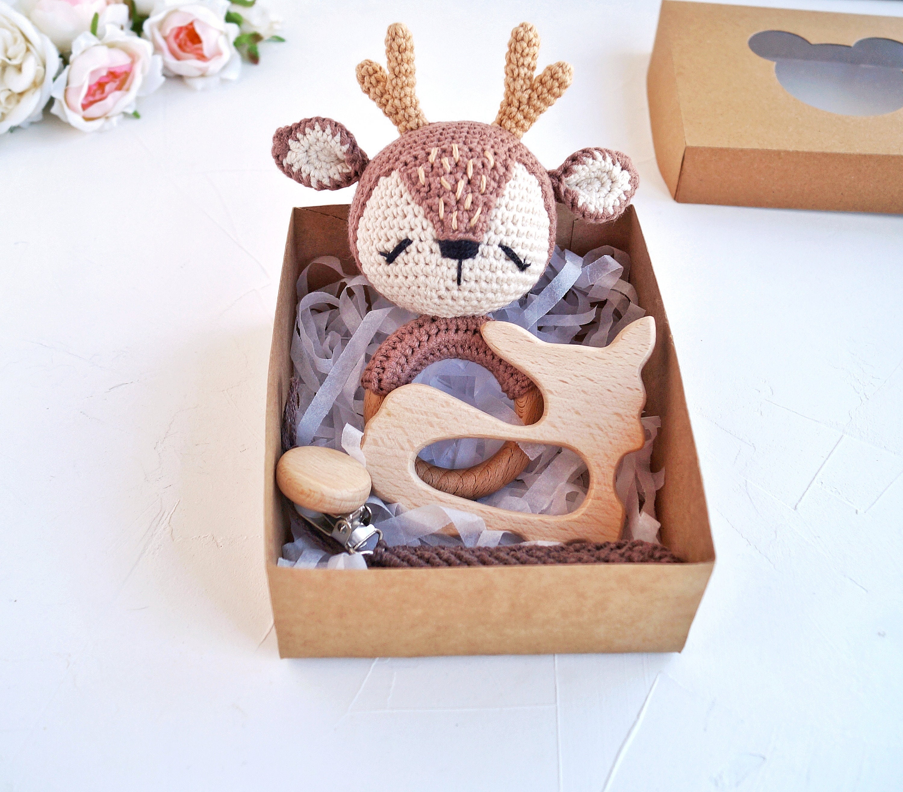 Deer Baby Toy With Macrame Holder, Woodland Baby Shower Gift Set ...