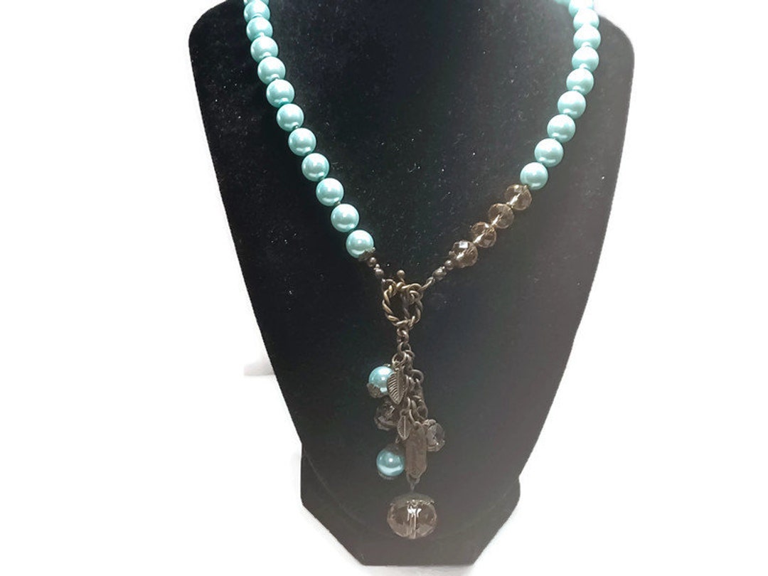 V5g 80s Plunder Blue Glass Faux Pearl Pendant Necklace - Etsy