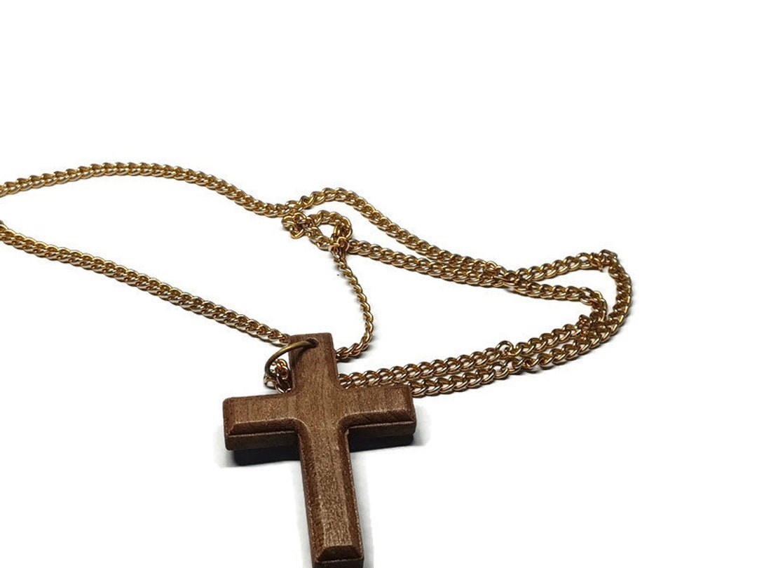 Vtg 80s Wooden Cross on Gold Tone Chain - Etsy