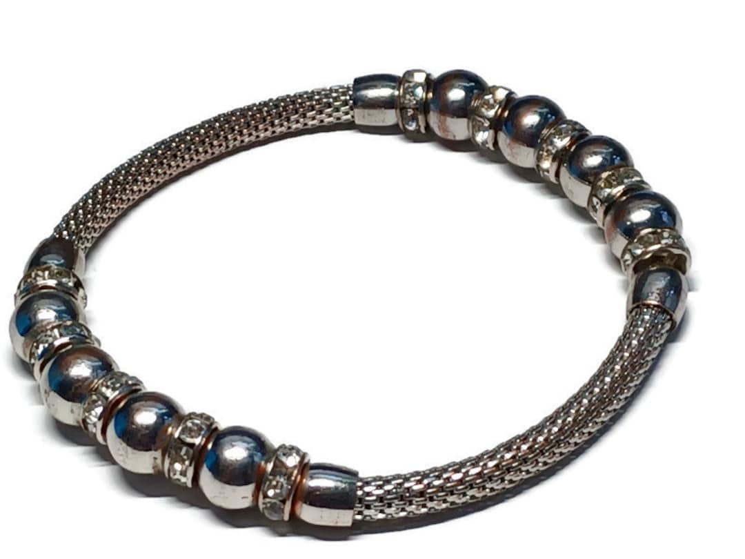 Vtg 90s Silver Tone Mesh and Bead Bracelet - Etsy