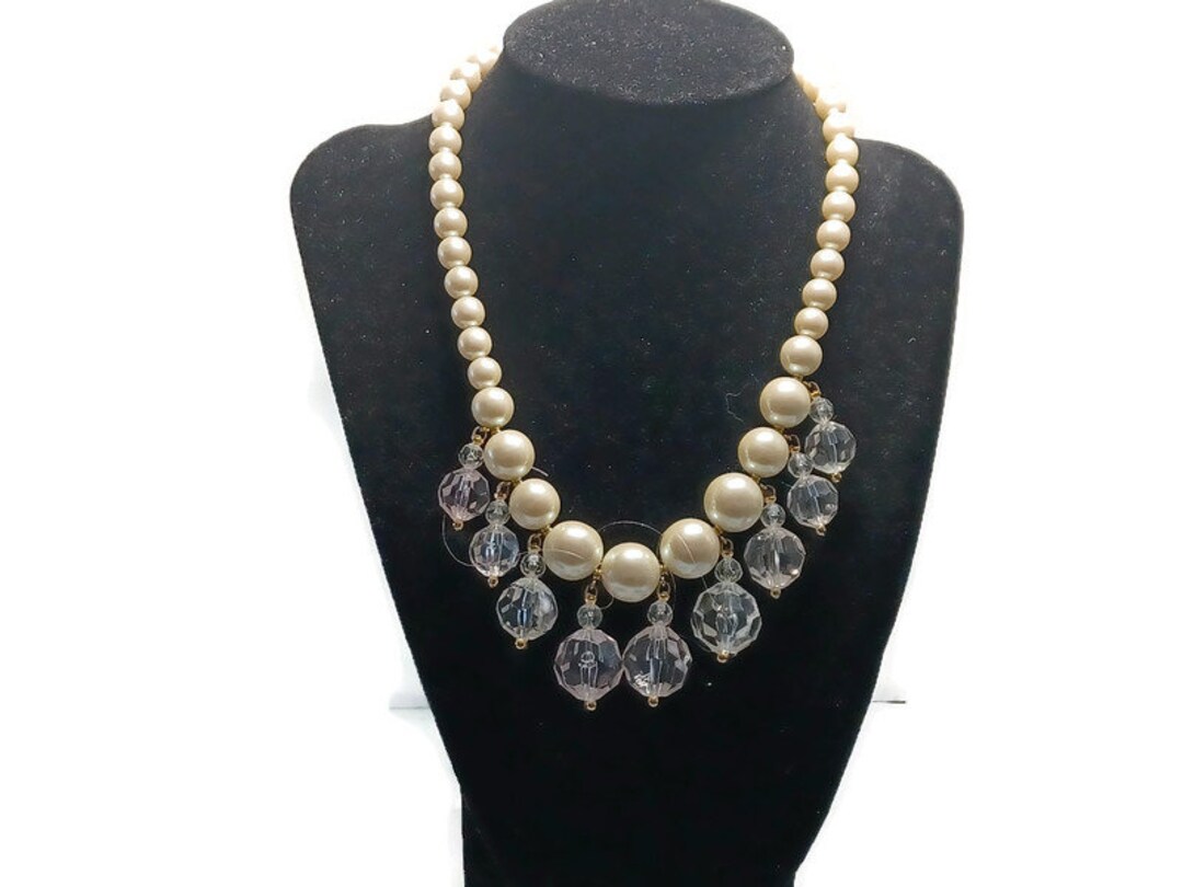 Vtg 80s Graduated Faux Pearls With Faux Crystal Dangles Necklace or ...