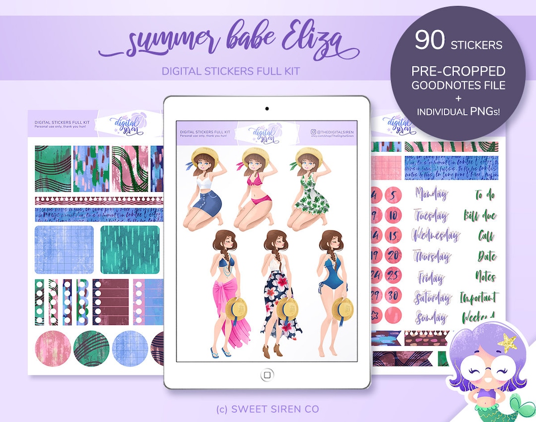 Digital Planner Stickers Kit, Summer Babe Eliza Vacation Stickers Pre ...