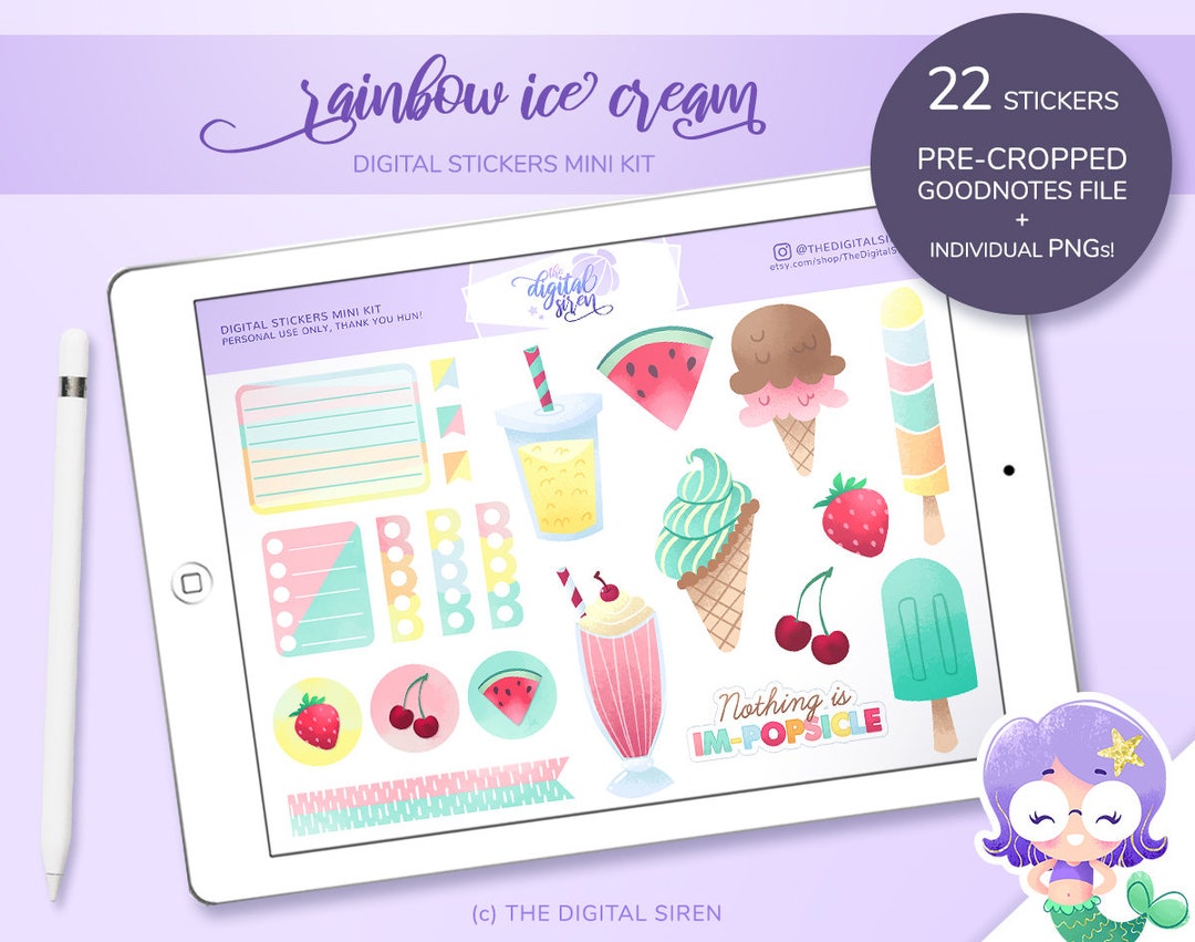 Rainbow Ice Cream Digital Stickers Mini Kit, Pastel Summer Planner ...