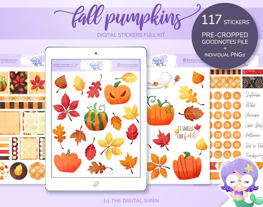 Digital Planner Stickers Full Kit, Fall Leaves and Pumpkins Digital Stickers Pre Cropped for ...