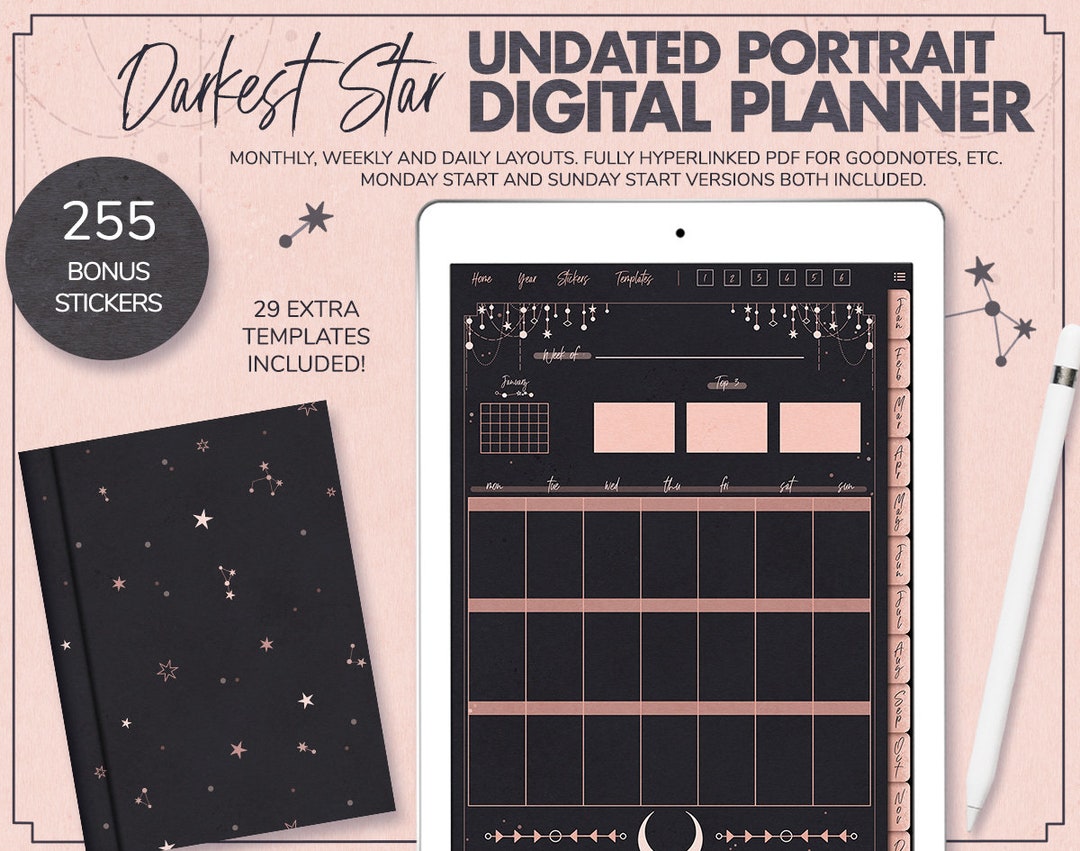 Darkest Star Undated Portrait Digital Planner, Astrology Fully ...