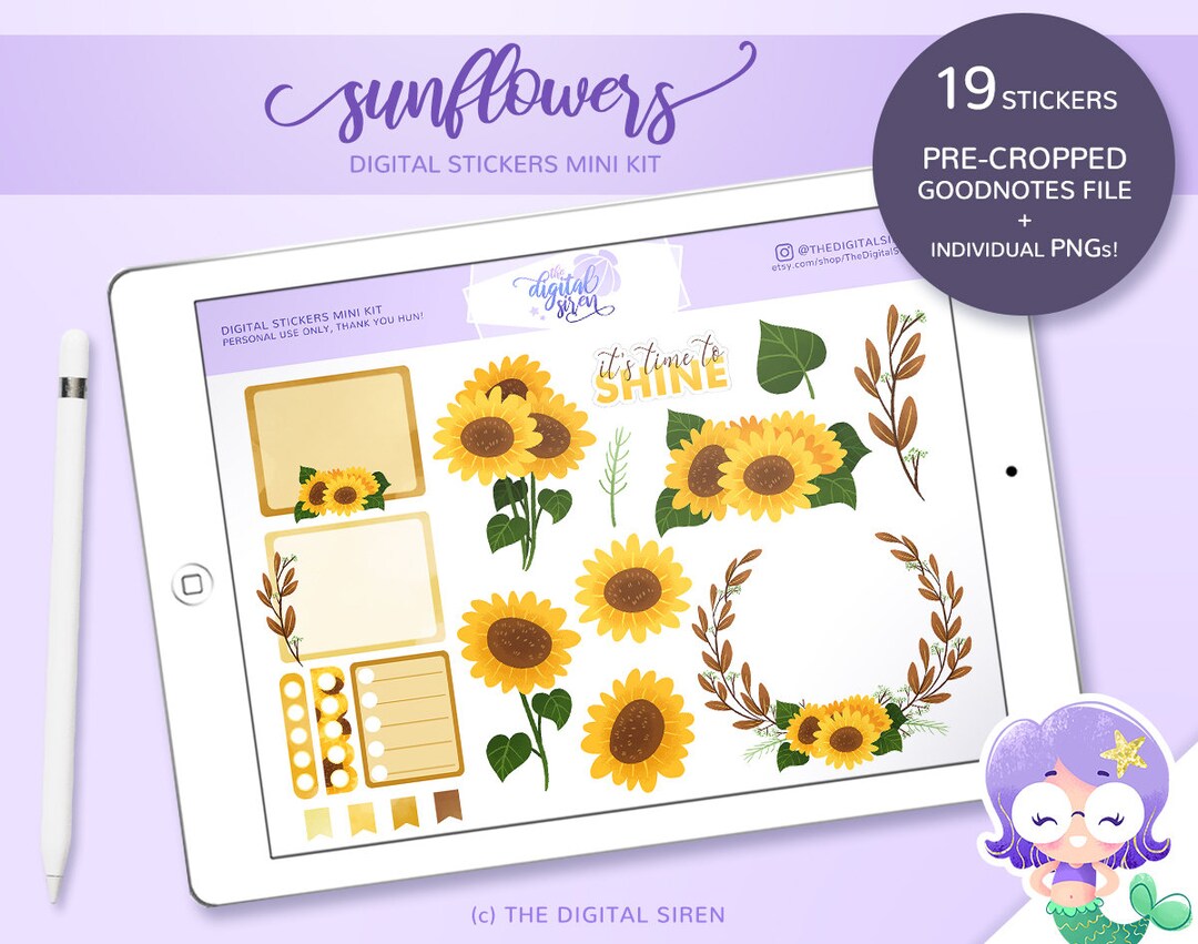 Sunflowers Digital Sticker Mini Kit, Yellow Summer Floral Planner ...