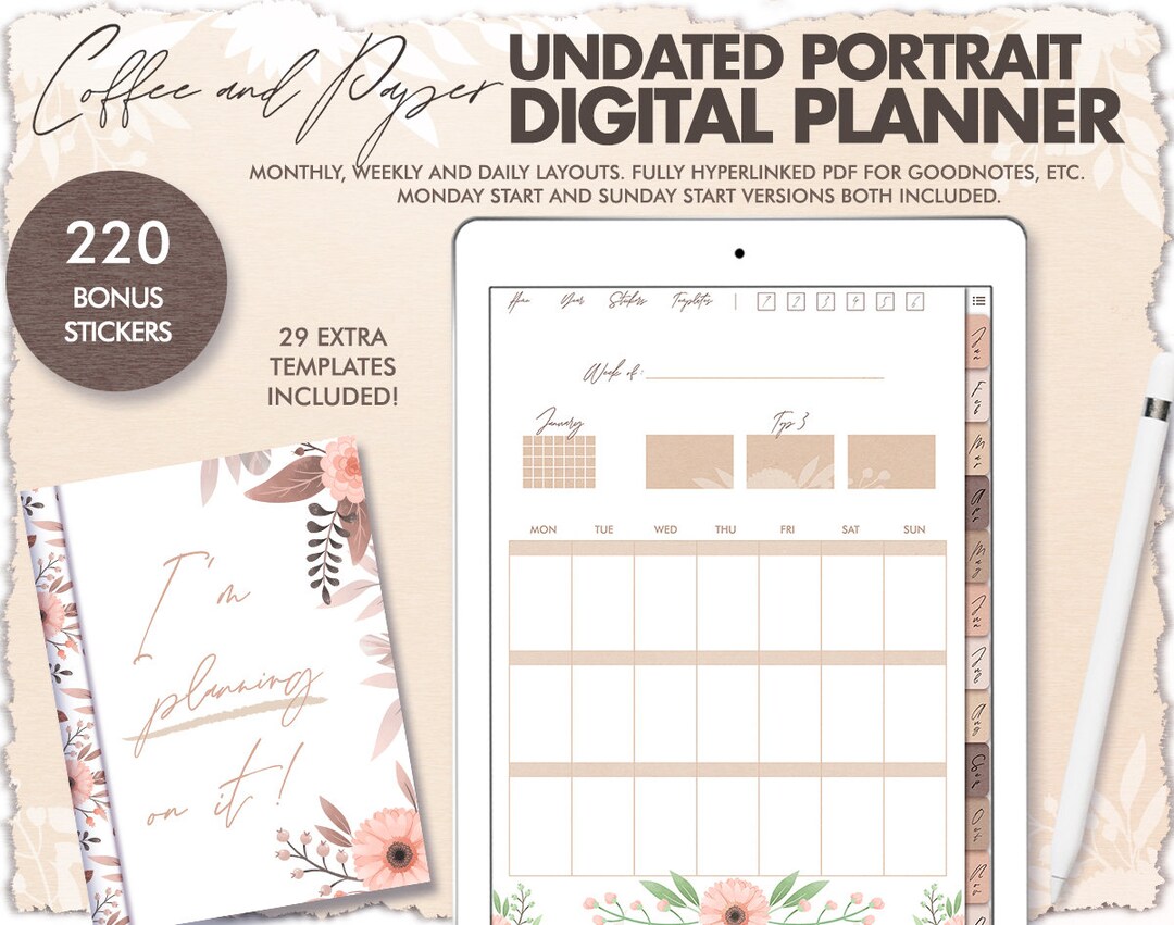 Coffee and Paper Undated Portrait Digital Planner, Fully Hyperlinked ...