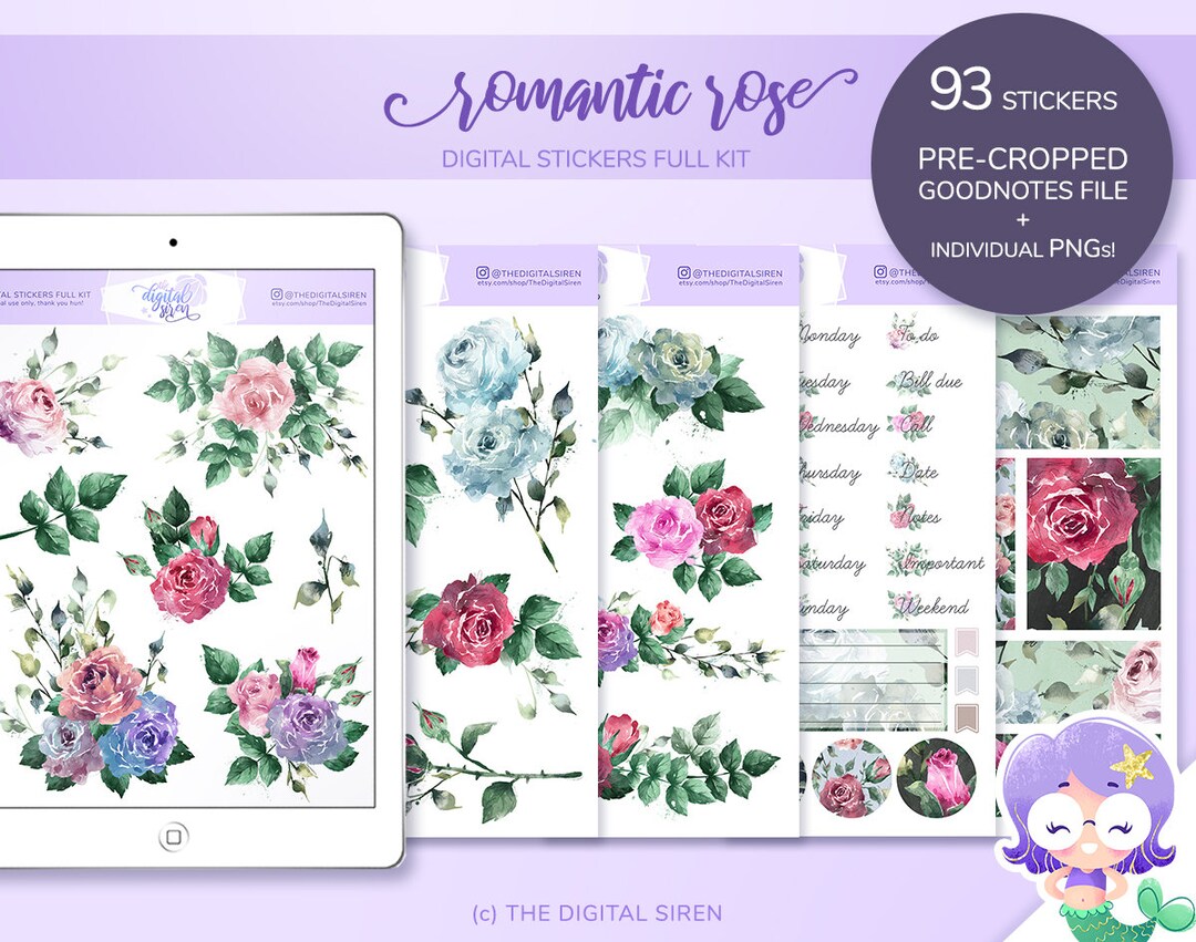 Rose Stickers Full Kit, Red Flower Stickers. Pretty Floral Digital Planner Stickers Pre Cropped ...