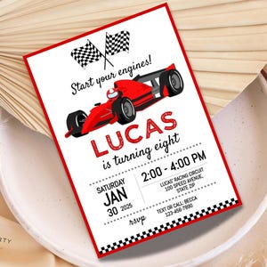 Red Race Car Birthday Party Invitation + Favor Tag Digital Template ...