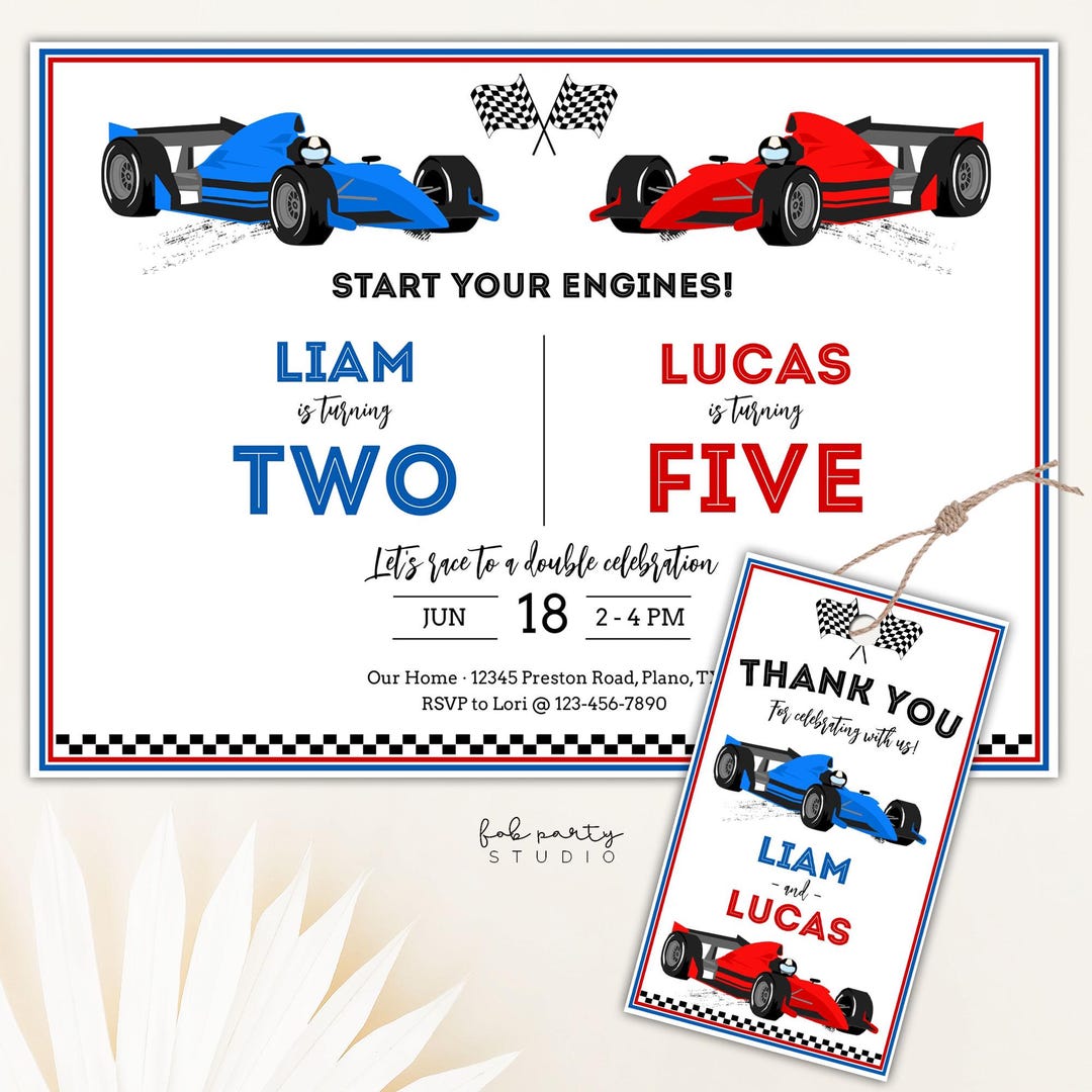 Red & Blue Race Car Joint Birthday Invitation + Favor Tag | Editable ...