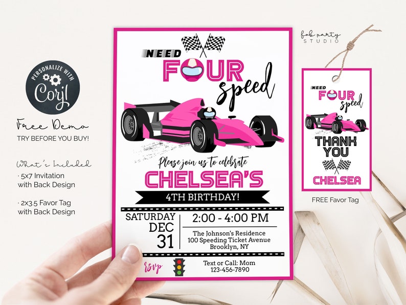 Pink Race Car Need Four Speed Birthday Party Invitation - Etsy