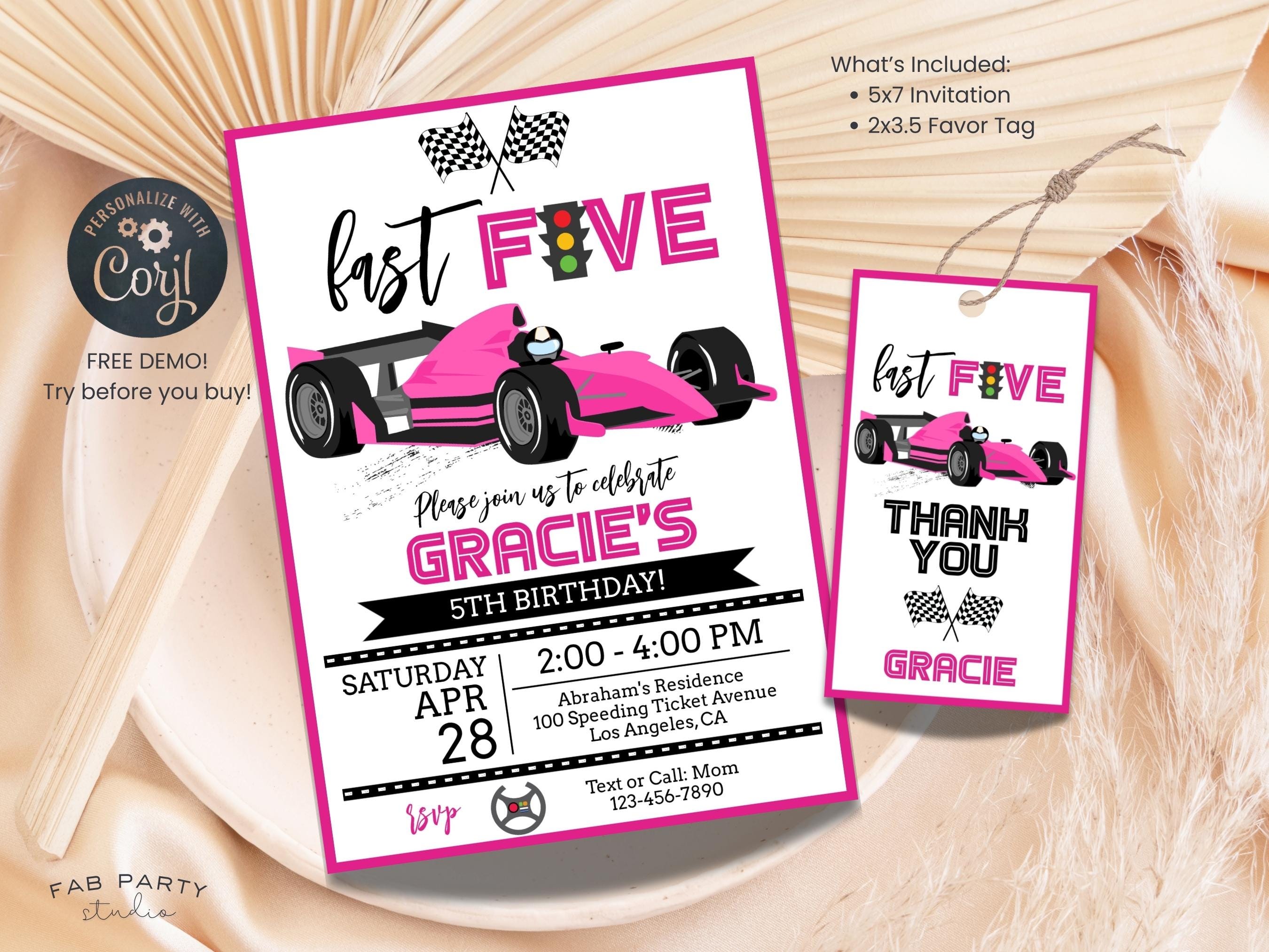 Pink Race Car Fast Five Birthday Party Invitation + Favor Tag | Speed ...
