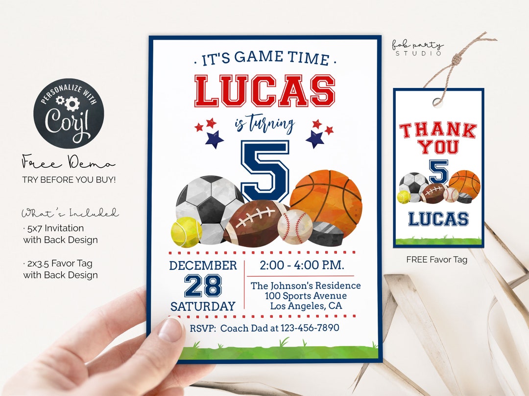 All Star Sports Birthday Party Invitation Favor Tag Digital - Etsy
