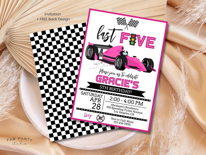 Pink Race Car Fast Five Birthday Party Invitation + Favor Tag | Speed ...