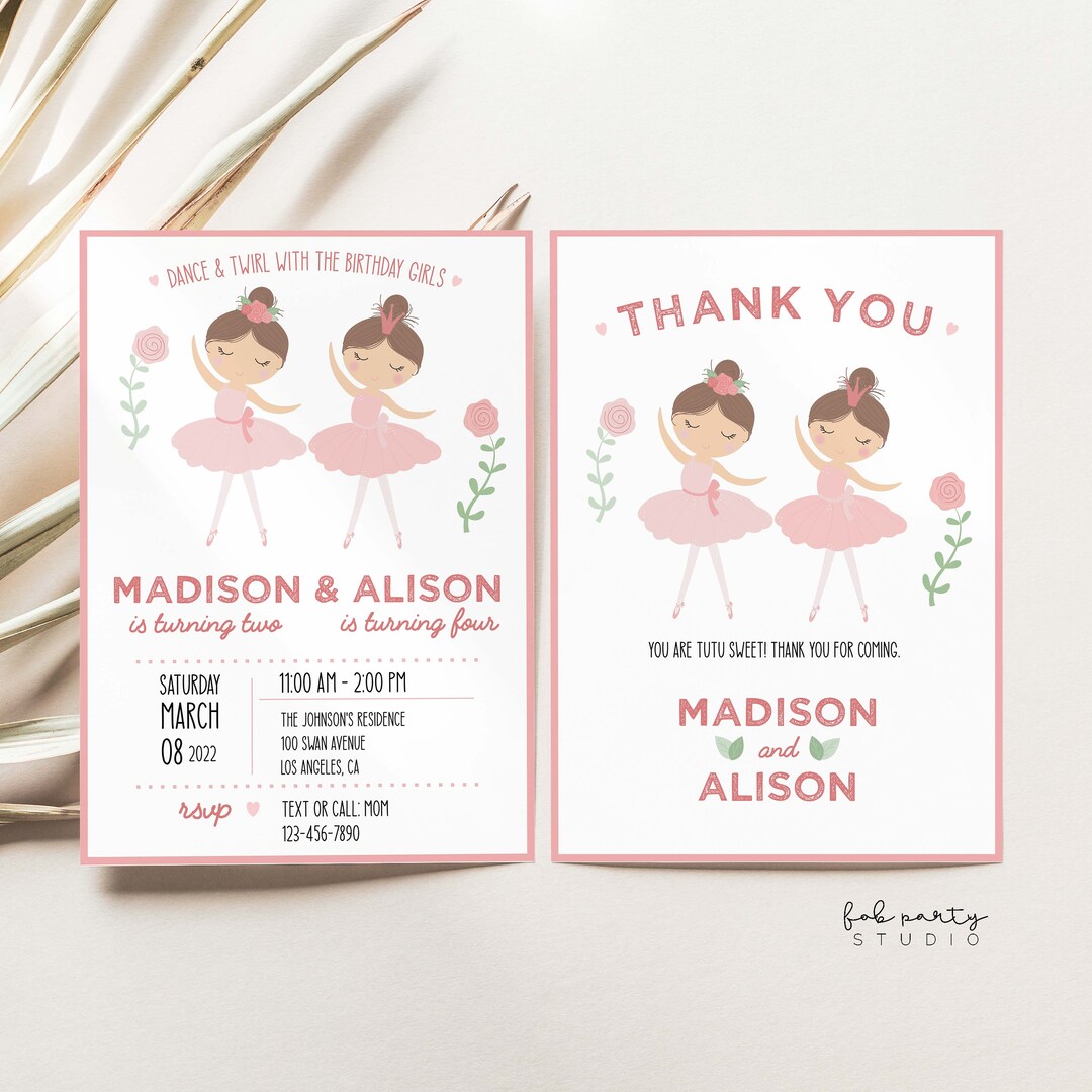 Ballerina Girl Joint Birthday Party Invitation Thank You Card Ballet ...