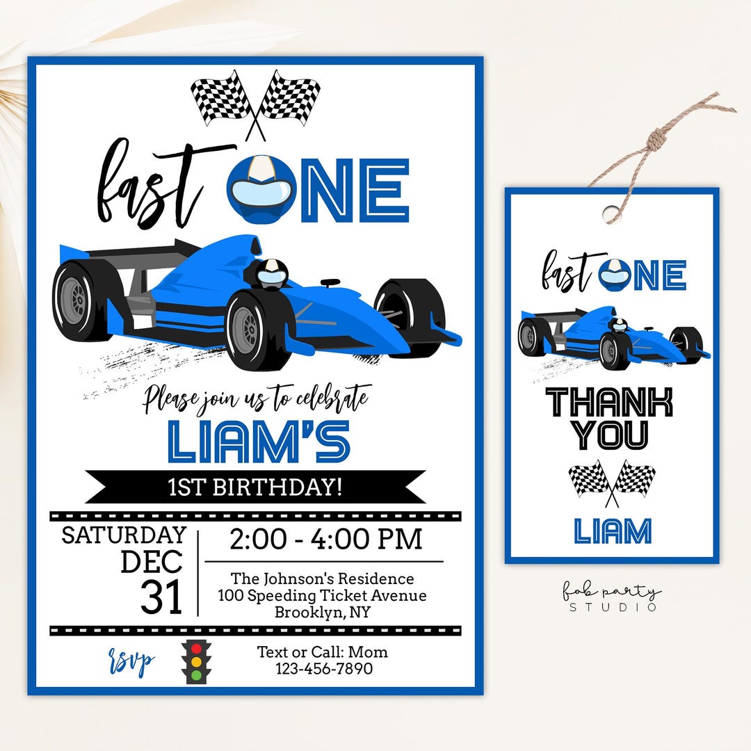 Fast One Race Car Birthday Invitation + Favor Tag | Blue Speed Racing ...