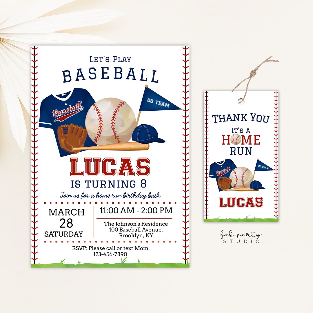 Baseball Birthday Invitation & Favor Tag | Editable Sports Theme Party ...