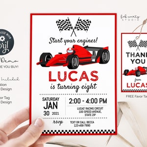 Red Race Car Birthday Party Invitation + Favor Tag Digital Template ...