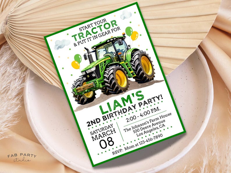 Green Tractor Birthday Invitation & Favor Tag | Rustic Farm Theme ...