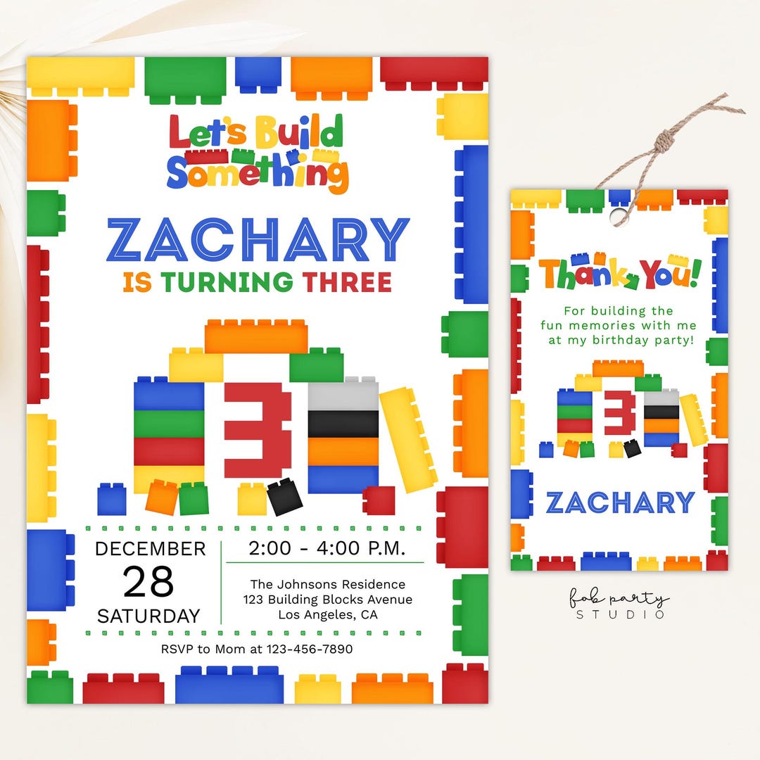 Building Blocks Birthday Party Invitation & Favor Tag Template ...