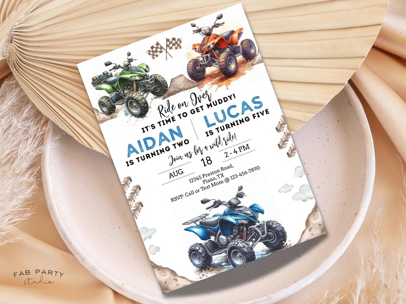 ATV Quad Bike Joint Birthday Invitation + Favor Tag | off Road ...