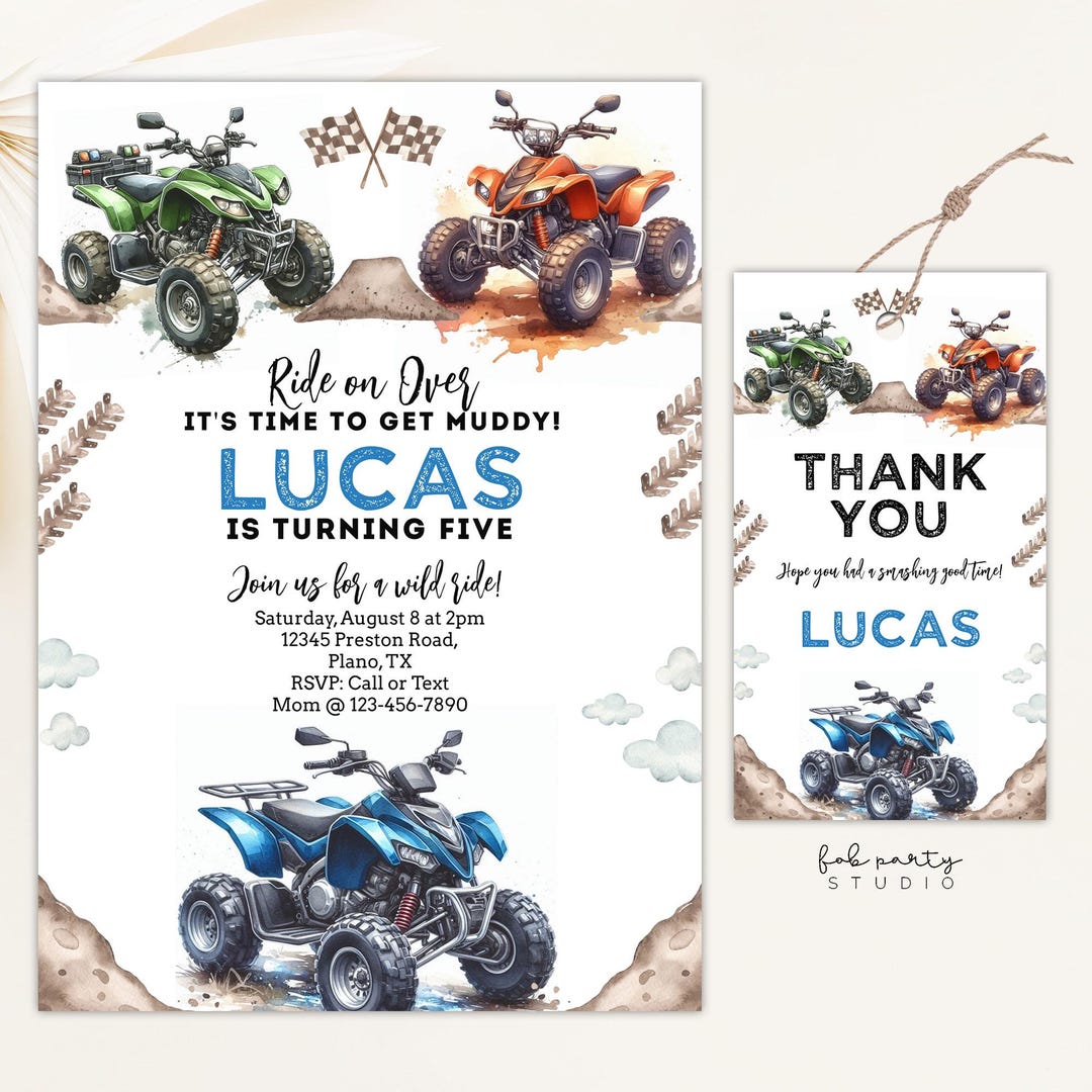 ATV Quad Bike Birthday Party Invitation + Favor Tag | Editable Off-road ...