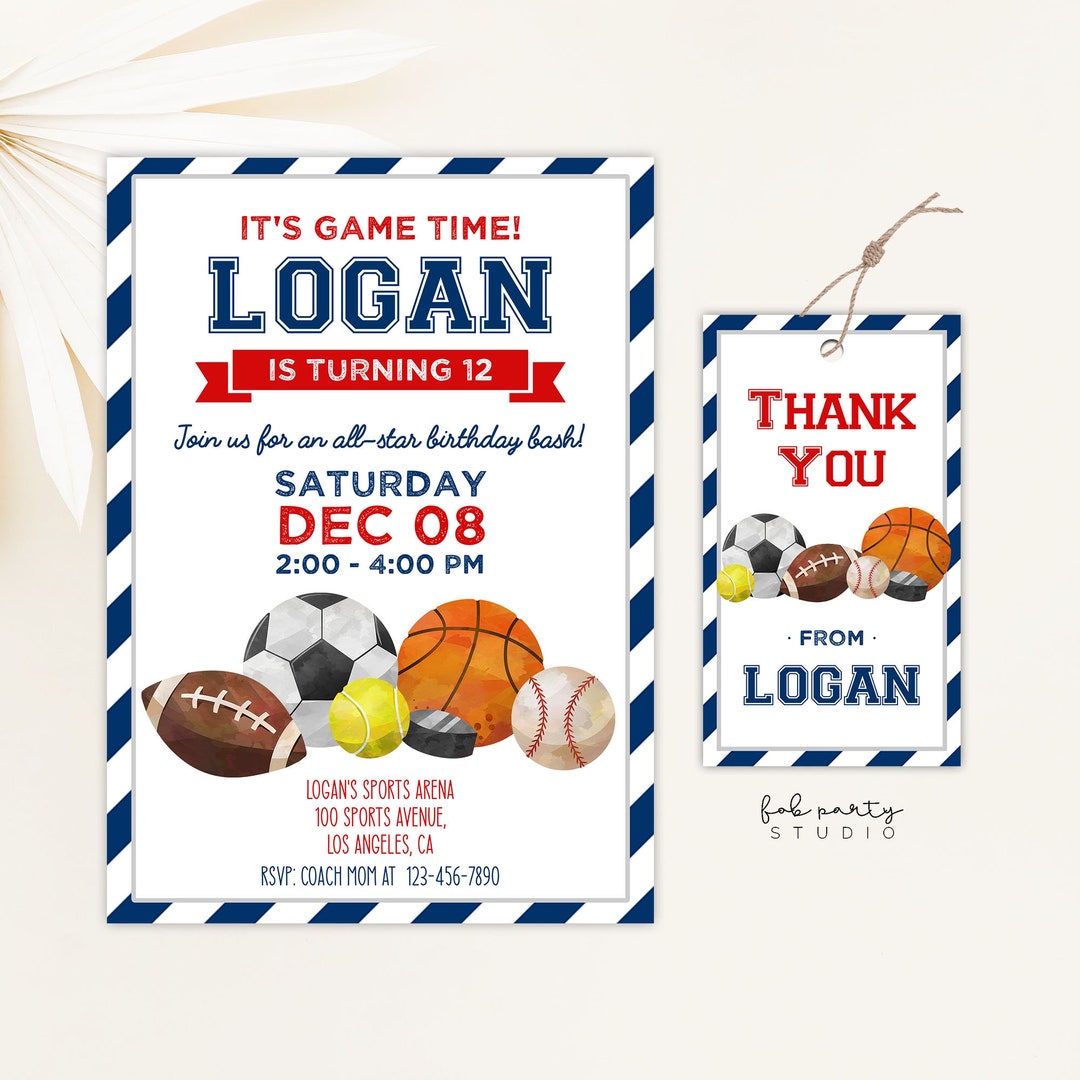 Sports Ball Games Birthday Party Invitation Favor Tag Digital Template ...