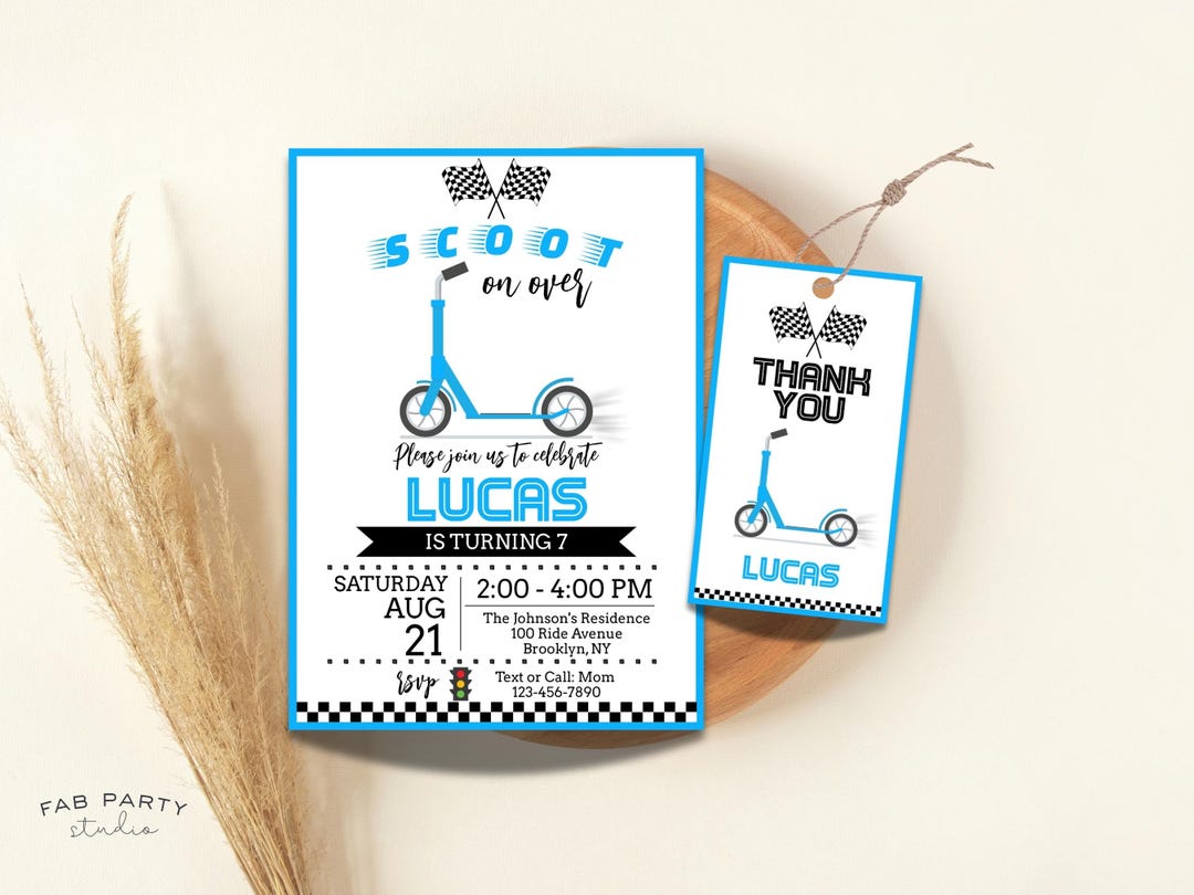 Blue Scooter Birthday Invitation & Favor Tag | Kid Racing Bike Theme ...