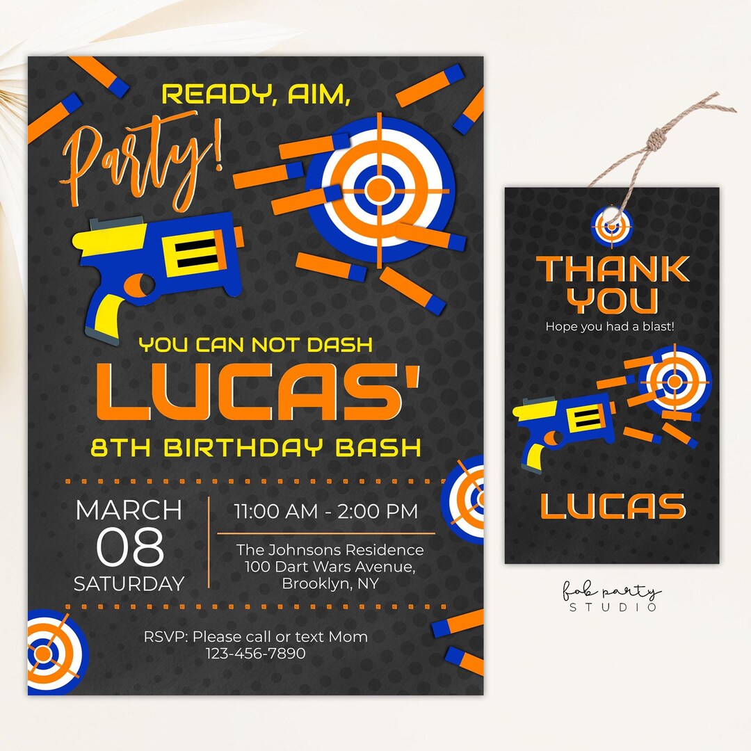 Dart Gun Birthday Invitation & Favor Tag | Toy Blaster Party Invite ...